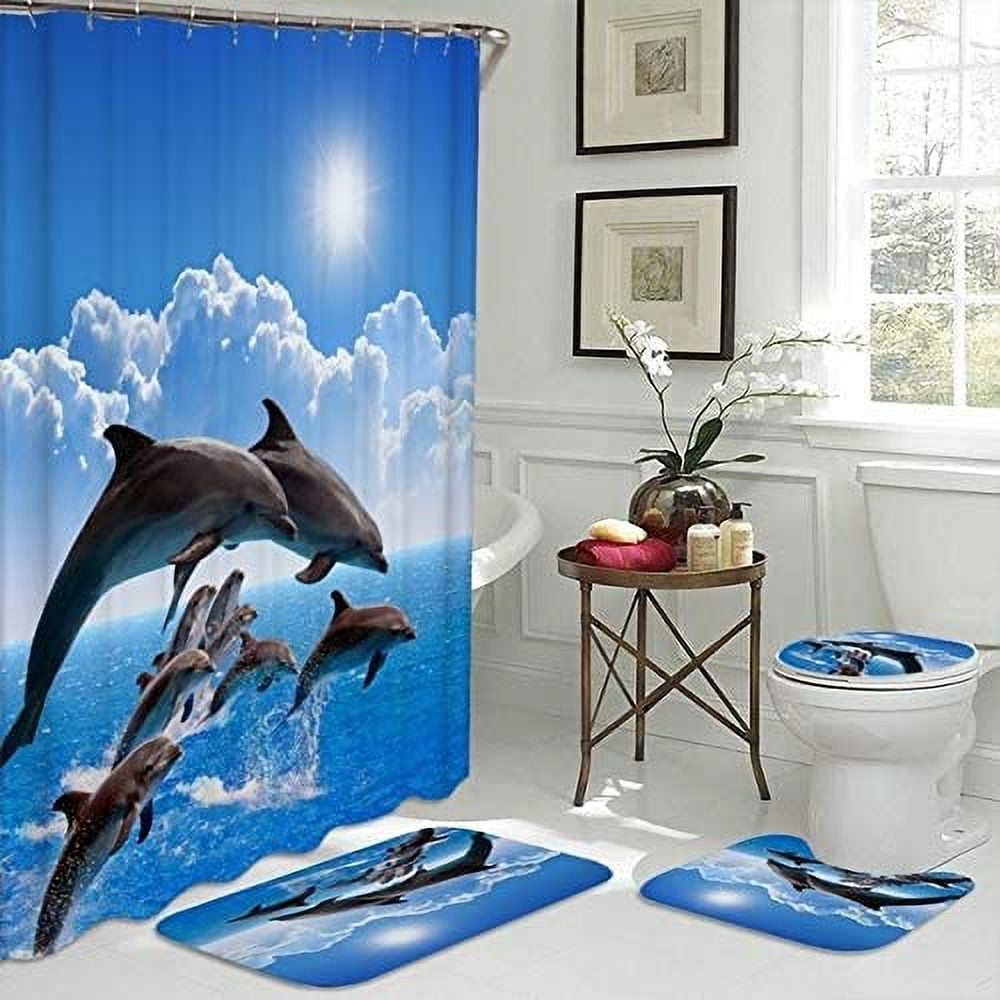 FMSHPON 3D Elephant Ocean Dolphin Deep Sea 4 Piece Bathroom Set Shower ...