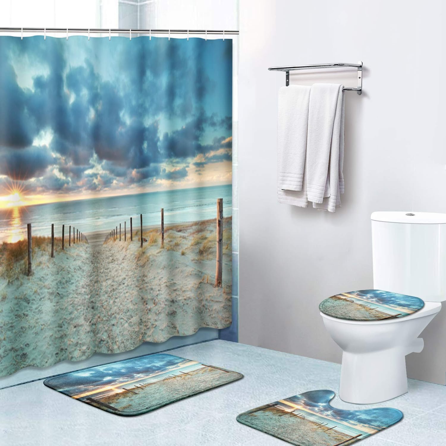 FMSHPON Beach Landscape Sunset 4 Piece Bathroom Set Shower Curtain Bath ...
