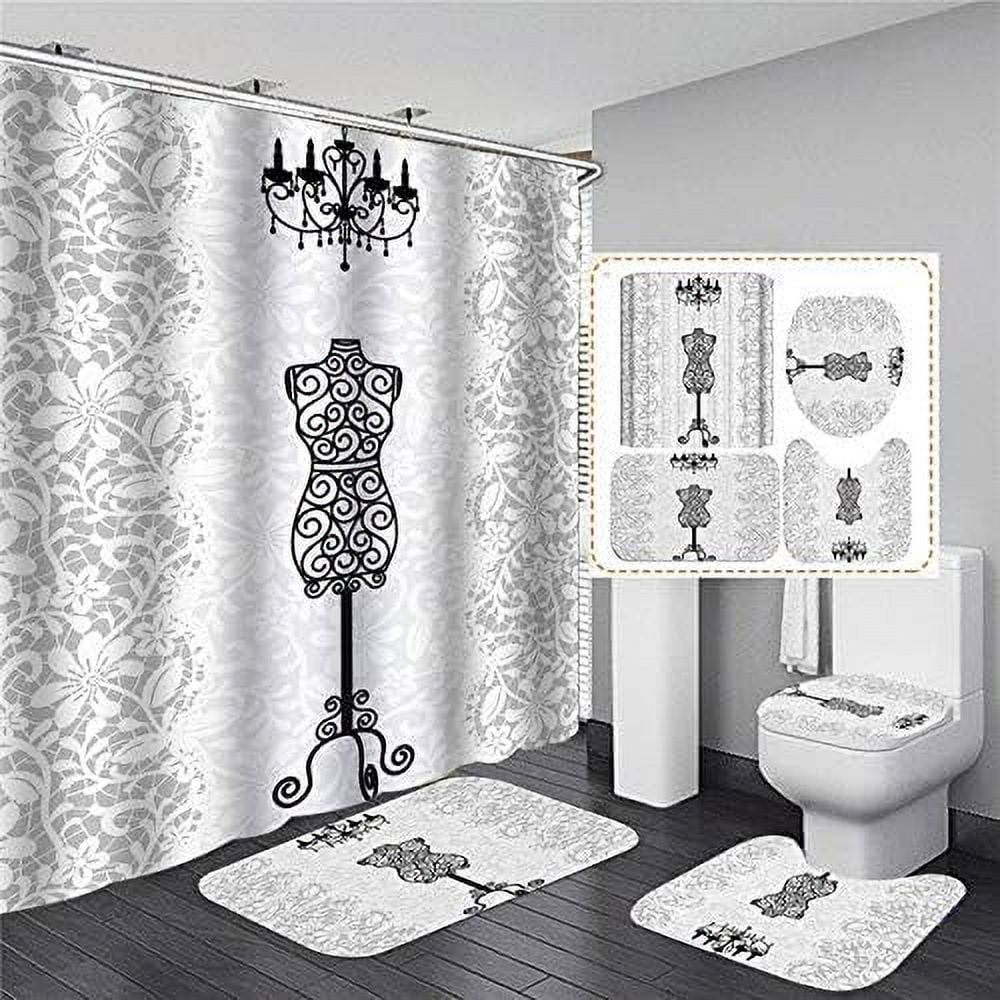 FMSHPON Black White Stick Figure 4 Piece Bathroom Set Shower Curtain ...