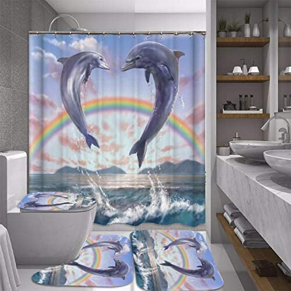 FMSHPON Love Shape Dolphin 4 Piece Bathroom Set Shower Curtain Bath Rug ...