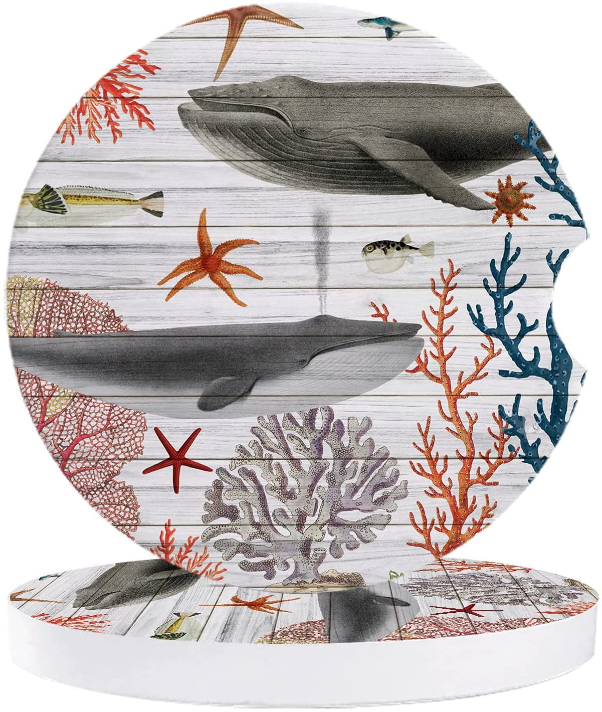 FMSHPON Ocean Theme Whale Sea Creature on Wood Grain Set of 6 Car ...