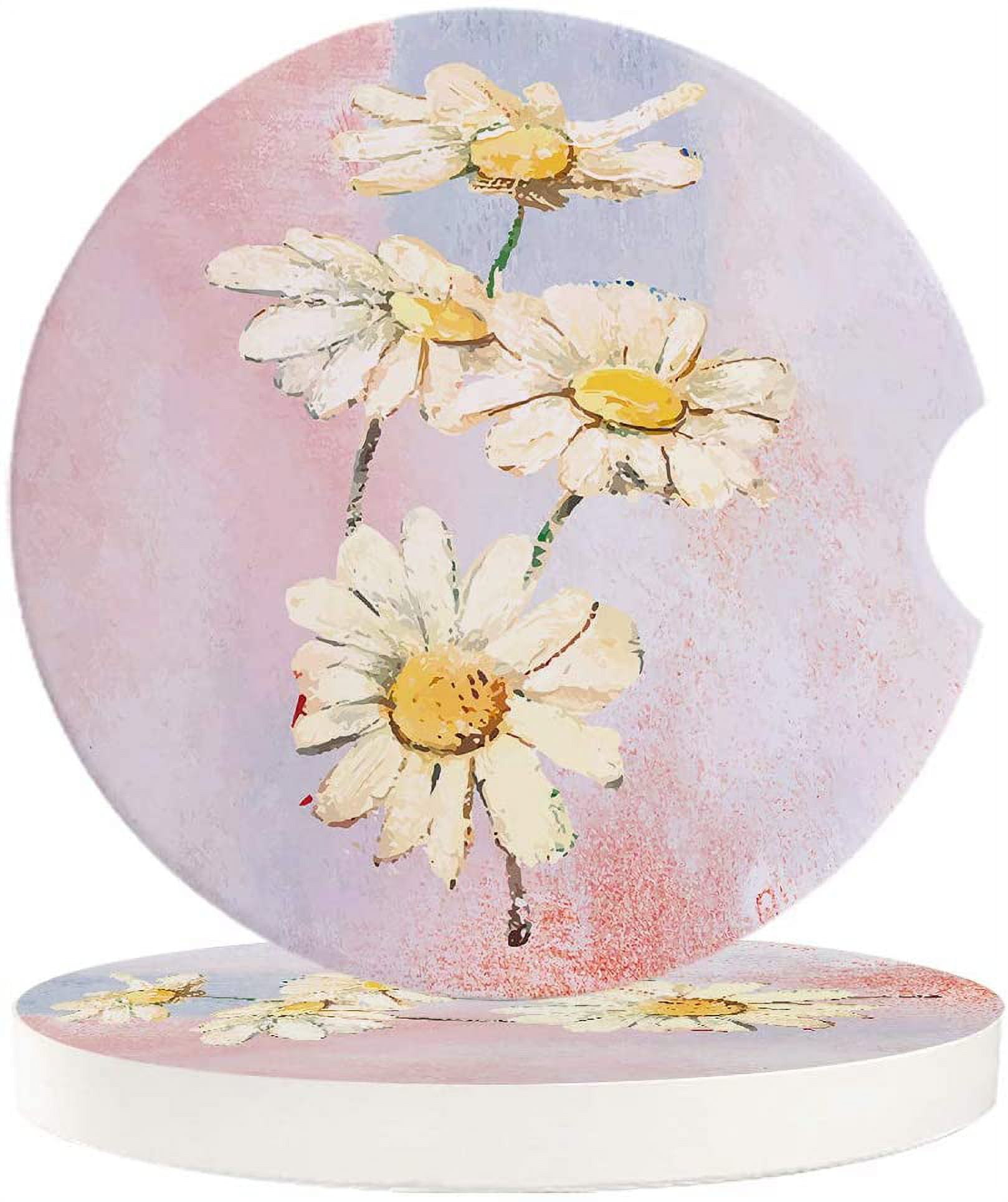FMSHPON Oil Painting Style White Daisy Flower Set of 6 Car Coaster for Drinks, Absorbent Ceramic ...