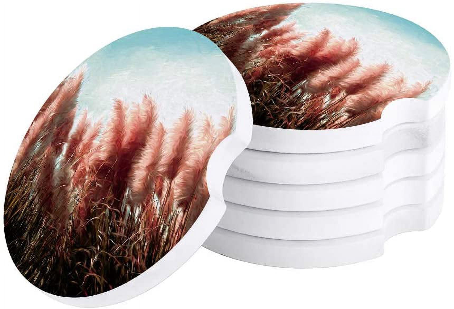 FMSHPON Pink Reeds Oil Painting Style Set of 4 Car Coaster for Drinks ...