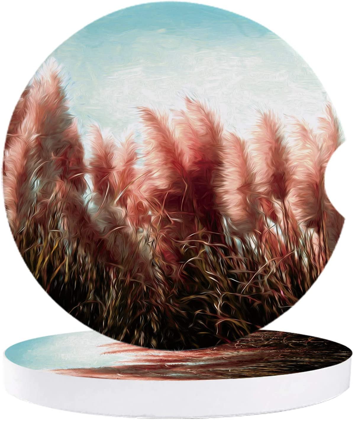 FMSHPON Pink Reeds Oil Painting Style Set of 6 Car Coaster for Drinks ...