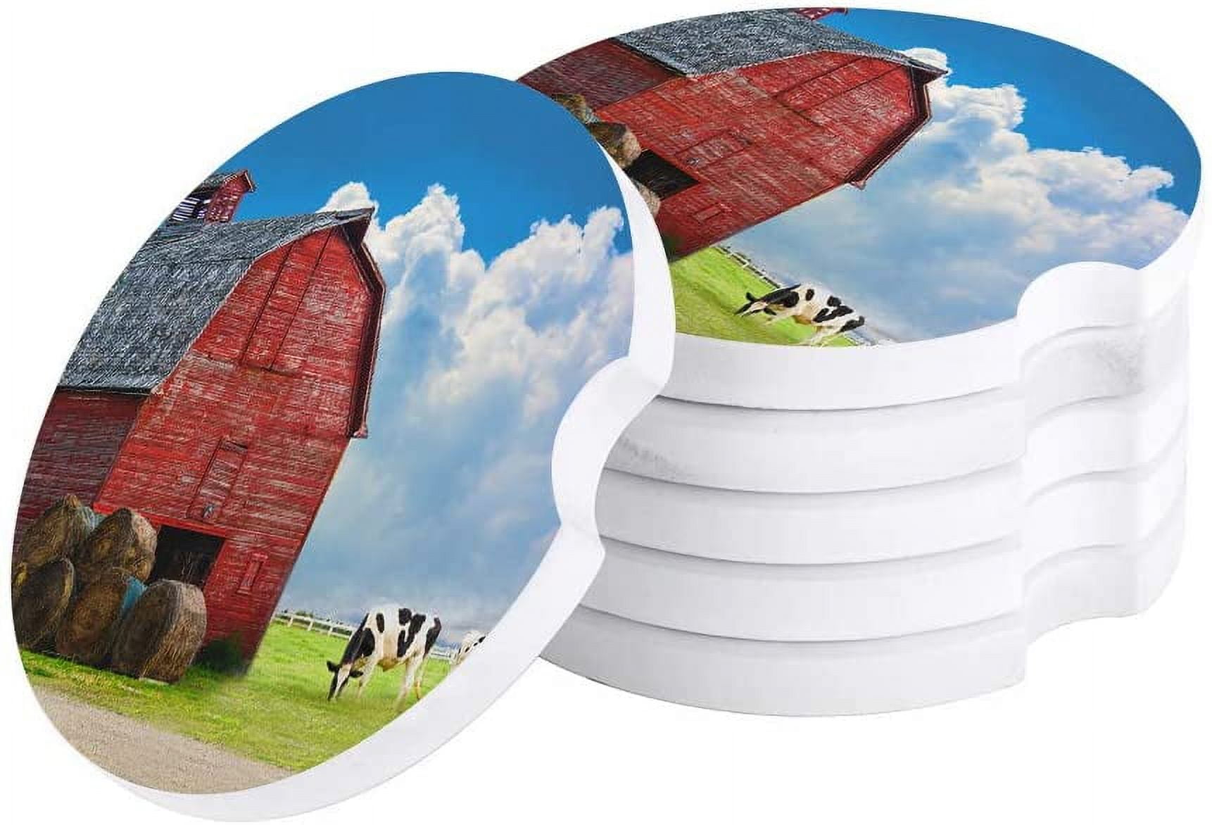 FMSHPON Red Barn Cow and Blue Sky Set of 2 Car Coaster for Drinks ...