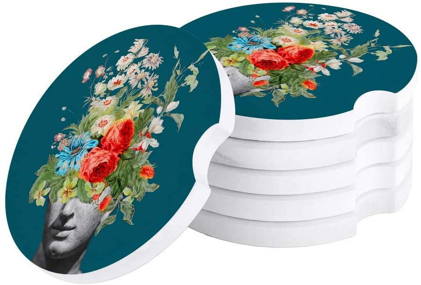 FMSHPON Simple Hand Painted Statues and Flowers Set of 2 Car Coaster ...