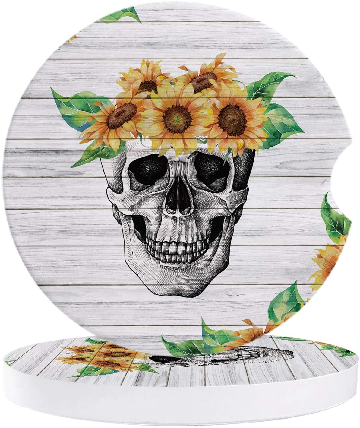 FMSHPON Skull with Sunflower on White Wooden Plank Set of 6 Car Coaster ...