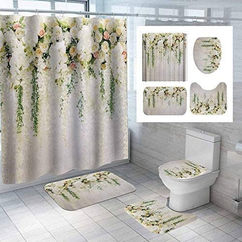 FMSHPON Wedding Backdrop Floral Wall Bridal White Rose 4 Piece Bathroom ...