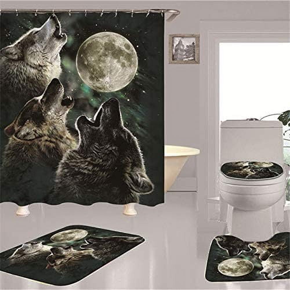 FMSHPON Wolf Totem 4 Piece Bathroom Accessories Set: Shower Curtain ...