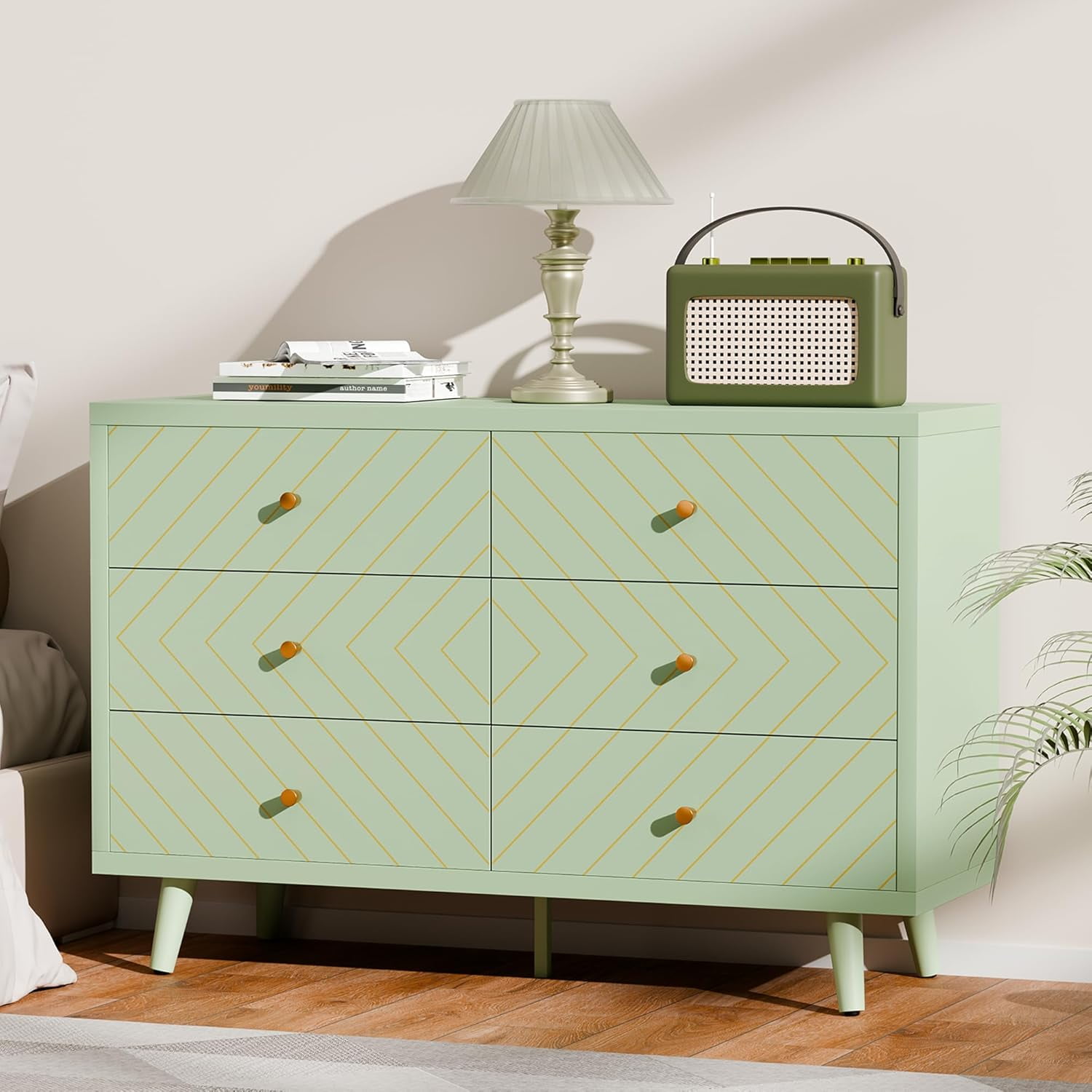 FNCK Green Dresser for Bedroom, 6 Drawer Dresser with Wide Drawer, Wood ...
