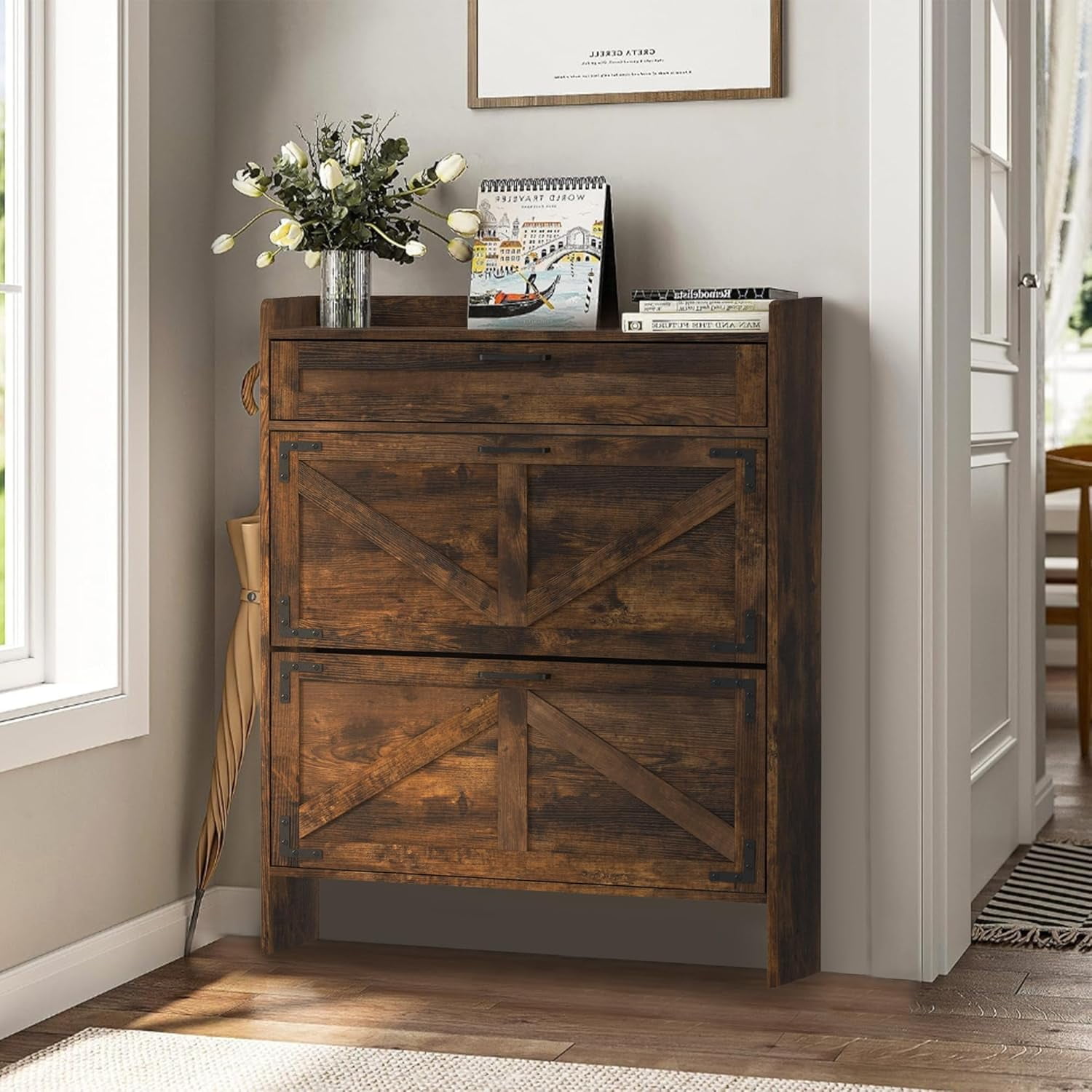 FNCK Shoe Cabinet with 2 Flip Drawers, Shoe Storage Cabinet for ...