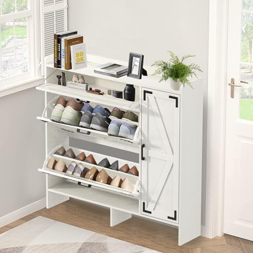 FNCK Shoe Cabinet with 2 Flip Drawers & Side Doors, Shoe Storage ...