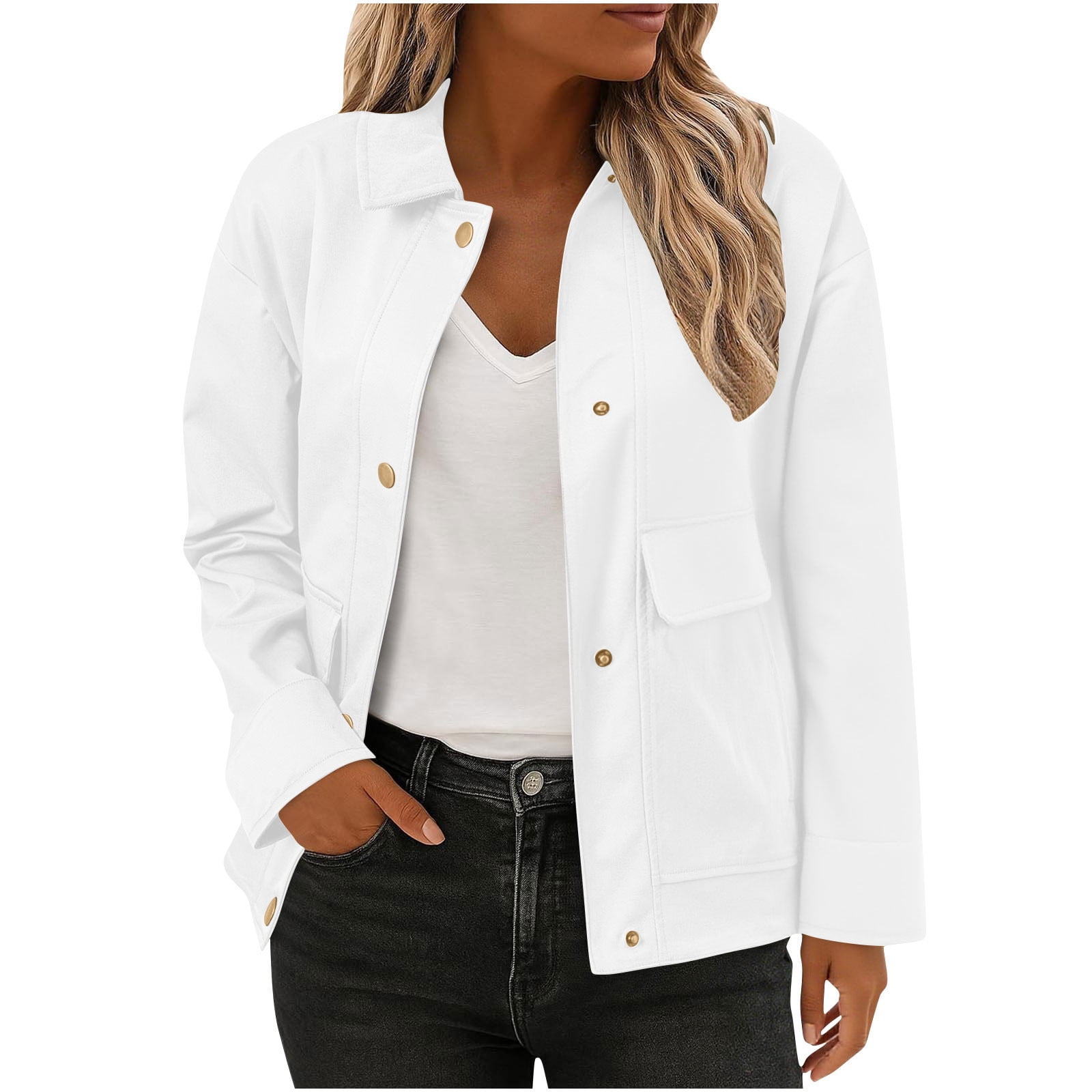 FNFHFY Barn Jackets for Women Casual Snap Down Lapel Utility Coat ...