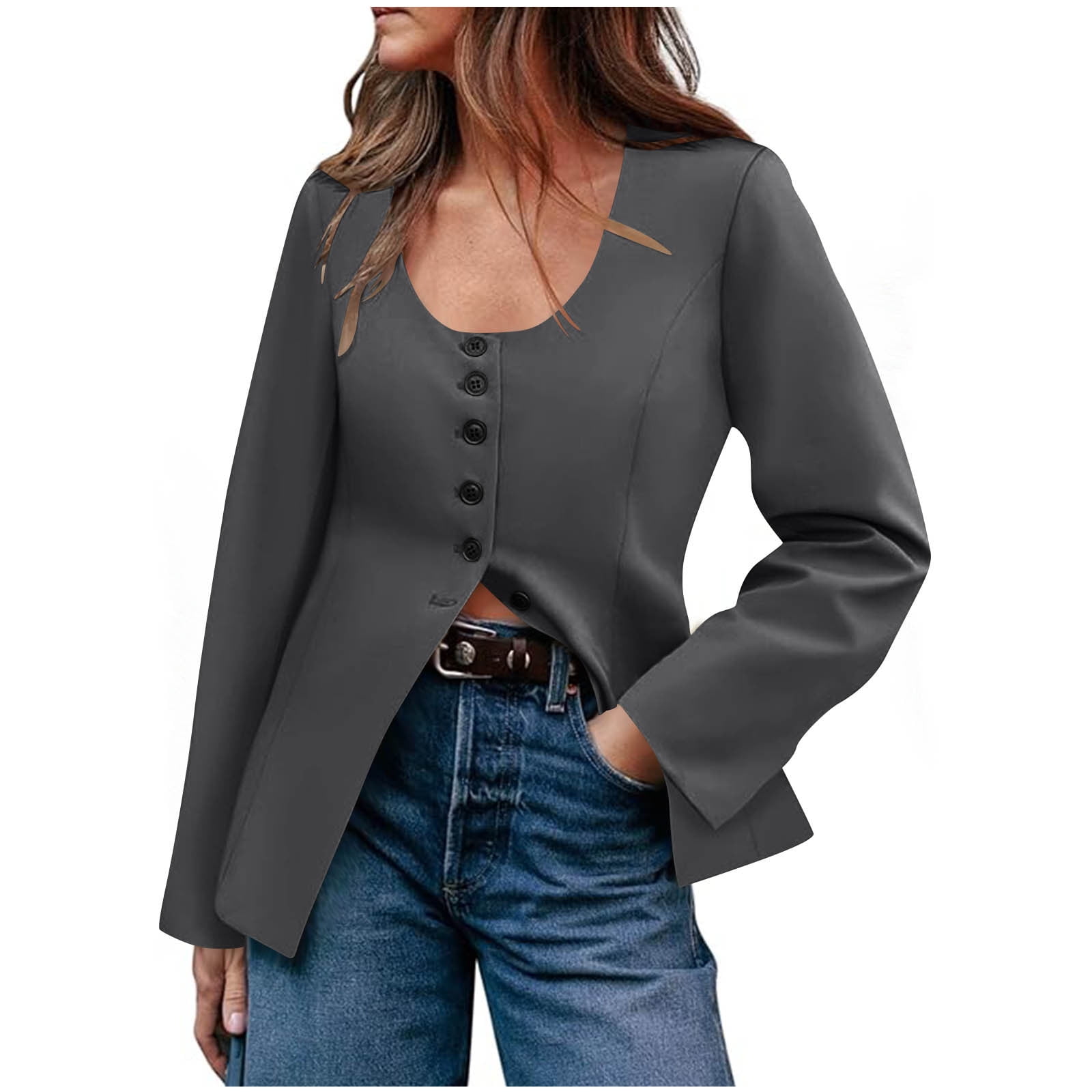 FNFHFY Blazer for Women Business Dressy Button Down Scoop Neck Work ...