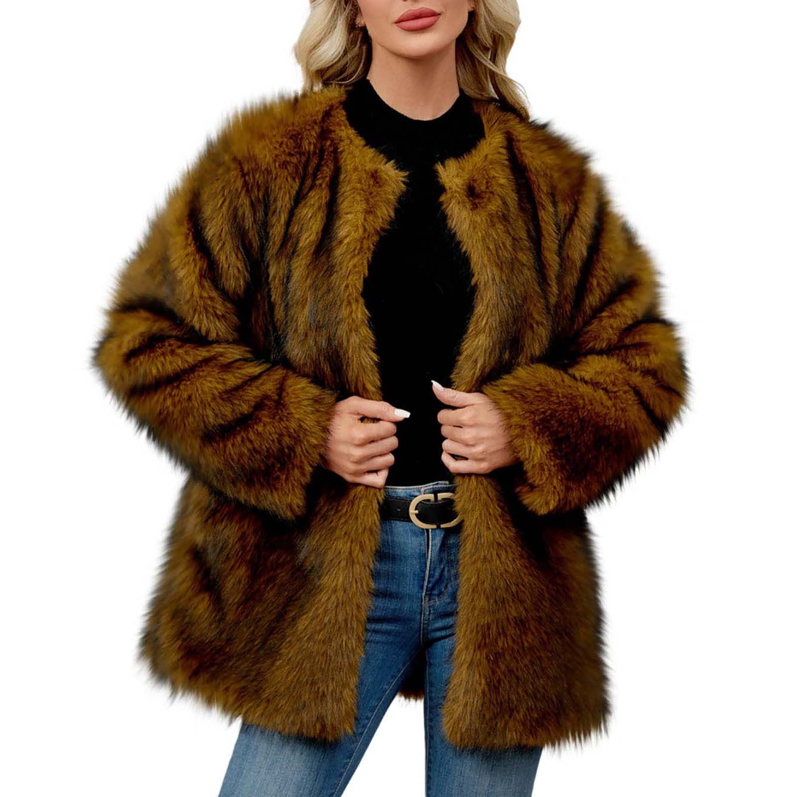 FNFHFY Faux Fur Coat for Women Cropped Open Front Shaggy Jackets Solid ...