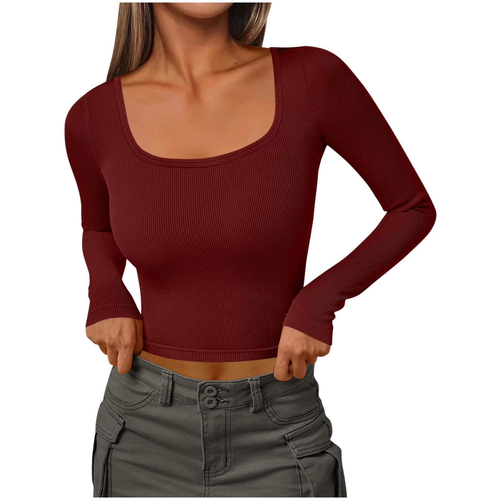FNFHFY Shirts for Women Scoop Neck Slim Fit Tops Fitted Long Sleeve ...