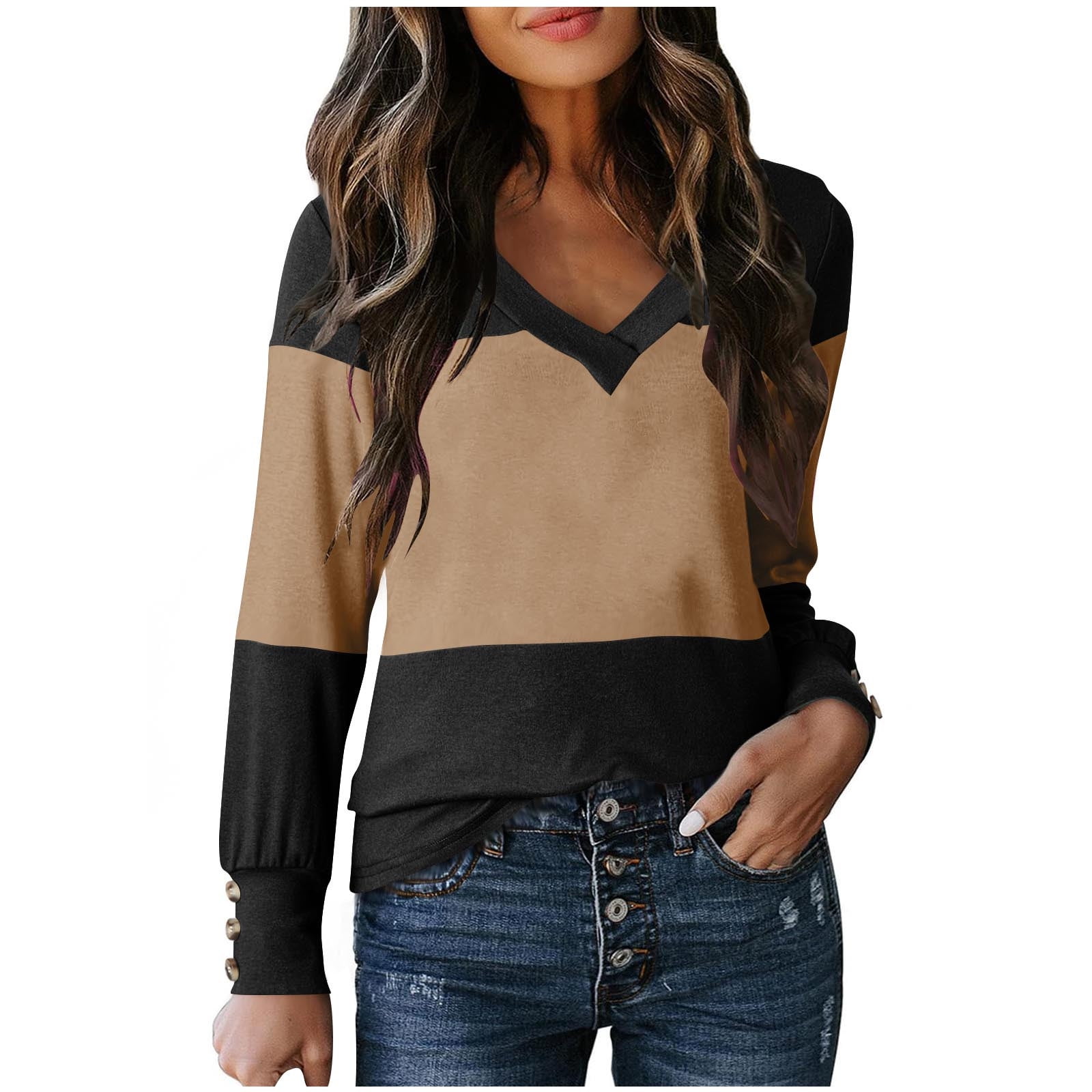 FNFHFY Women Plus Size Blouses Dressy Casual Color Block Sweater Button ...