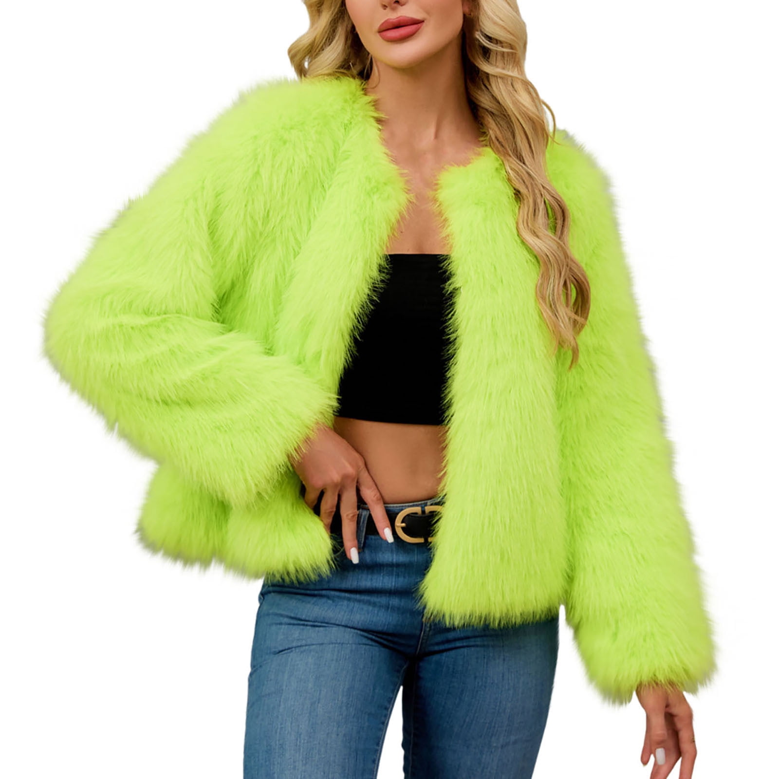 FNFHFY Women's Cropped Faux Fur Coat Open Front Fluffy Faux Fur Jacket ...