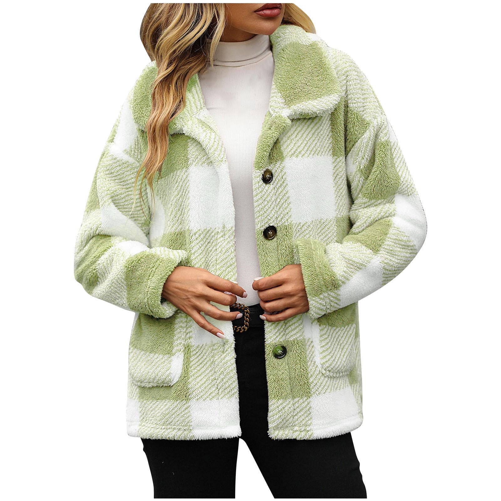 FNFHFY Womens Flannel Plaid Shacket Jacket Loose Lapel Button Down ...