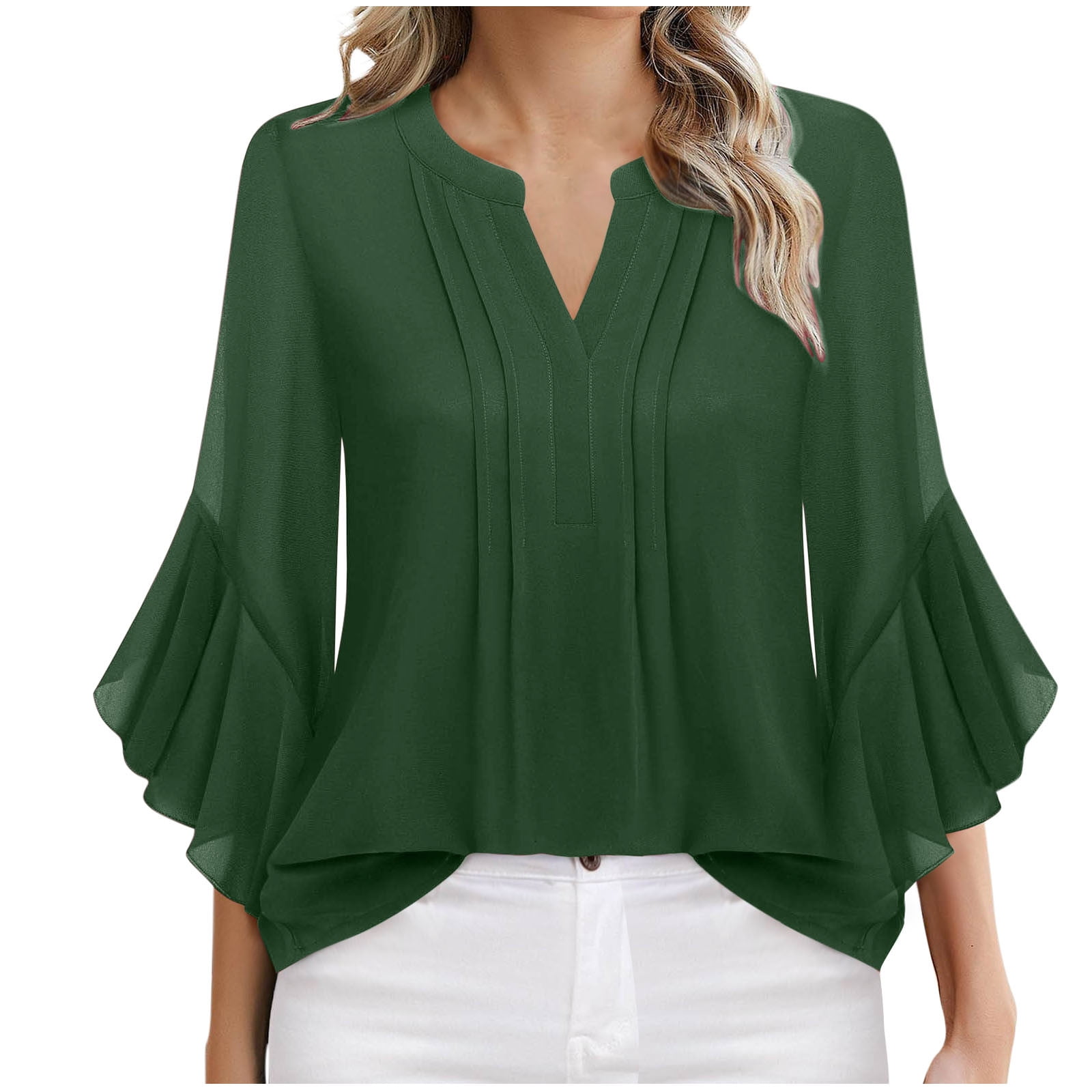 FNFHFY Womens Ruffle 3/4 Sleeve Tops Dressy Business Work Blouses ...
