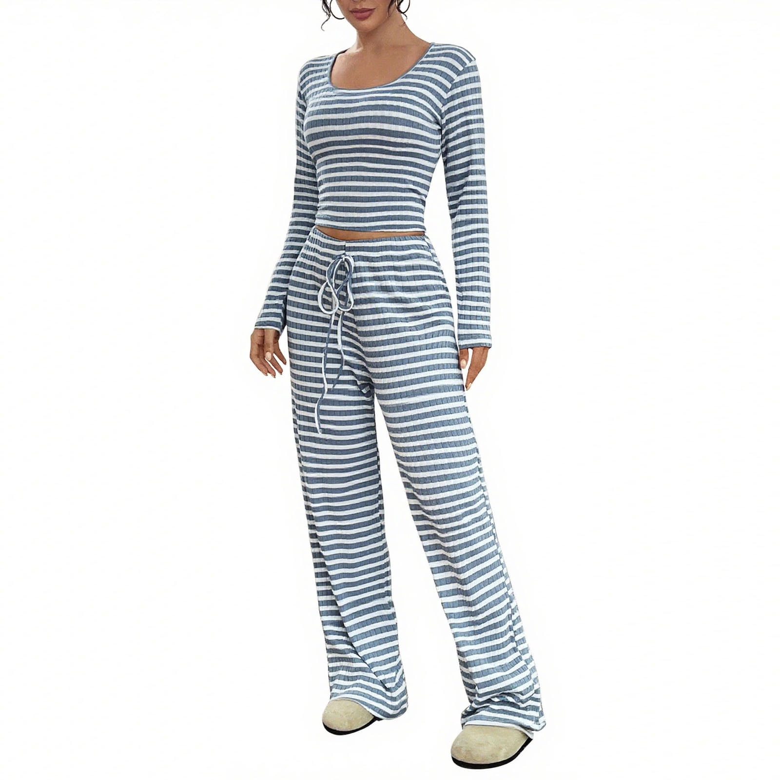 FNFYFH 2 Piece Lounge Sets for Women Fall Striped Slim Outfits Long ...
