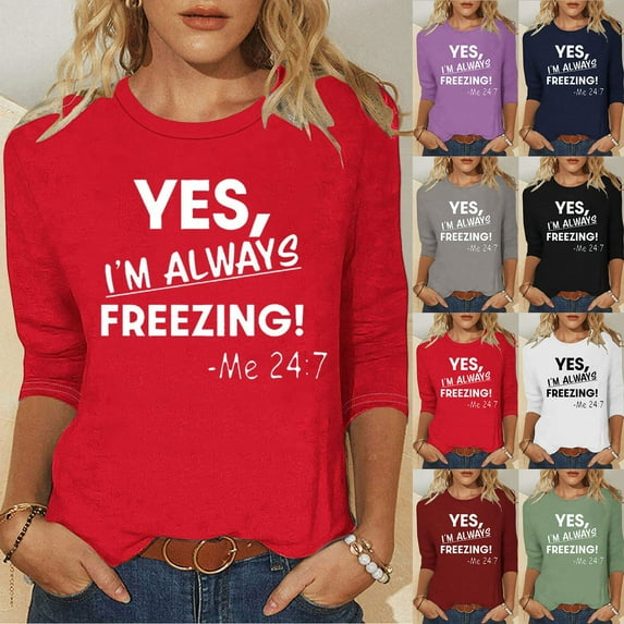 FNFYFH 3/4 Length Sleeve Womens Tops Plus Size Crew Neck Print Basic ...