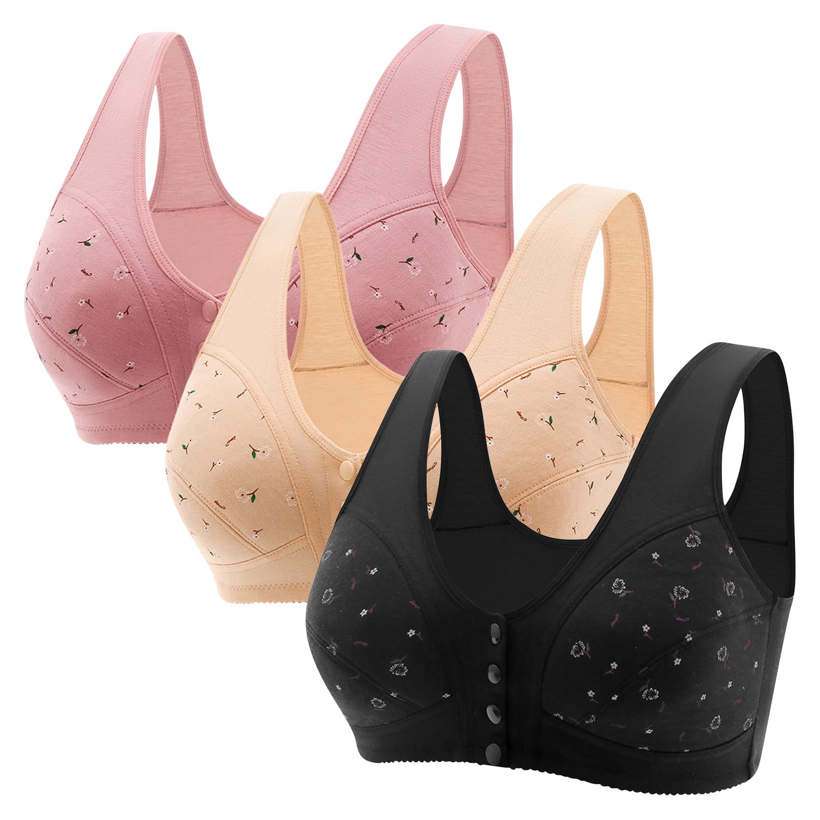 FNFYFH 3 Pack Wireless Bras for Older Women Front Close Button Daisy ...