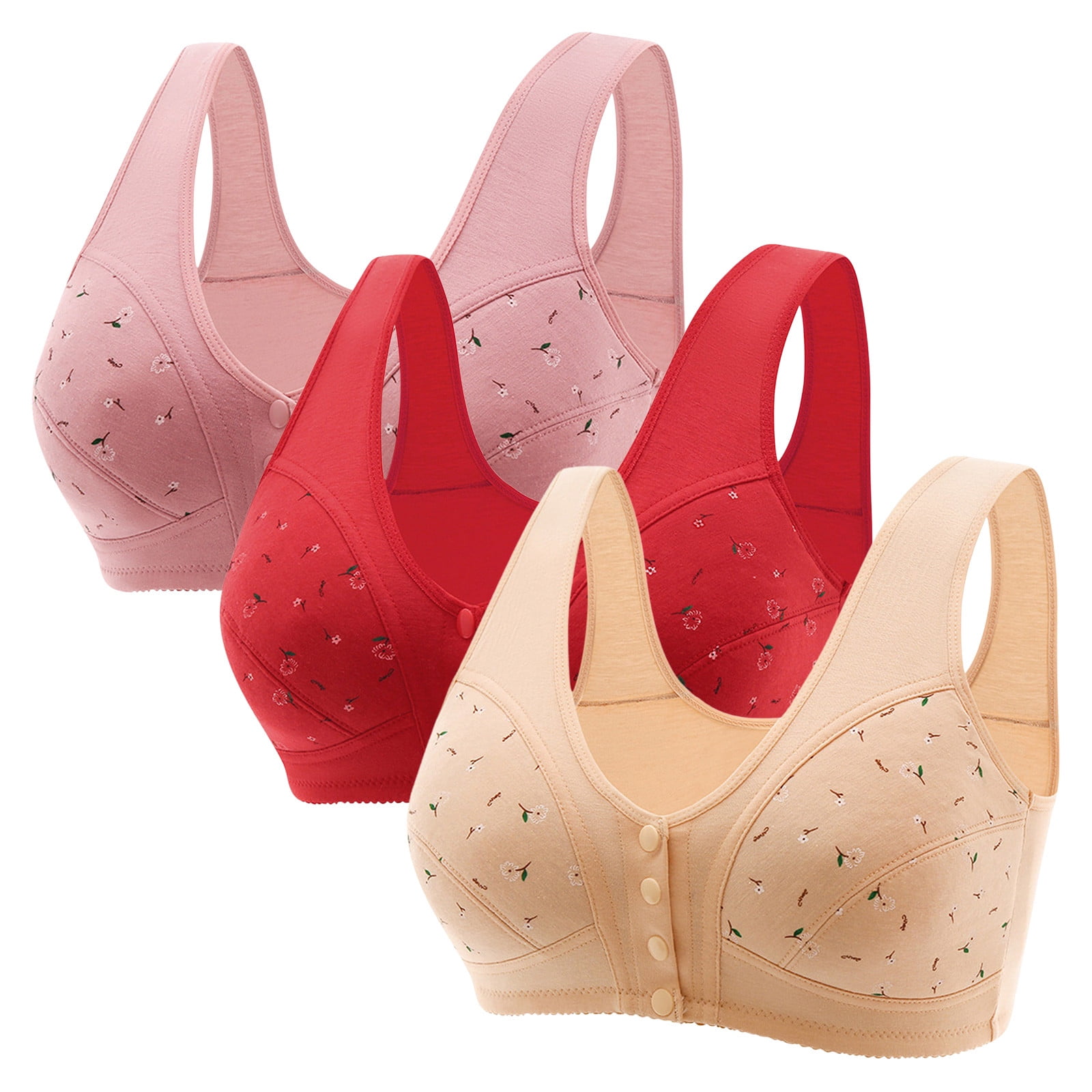 FNFYFH 3 Pack Wireless Bras for Older Women Front Close Button Daisy ...