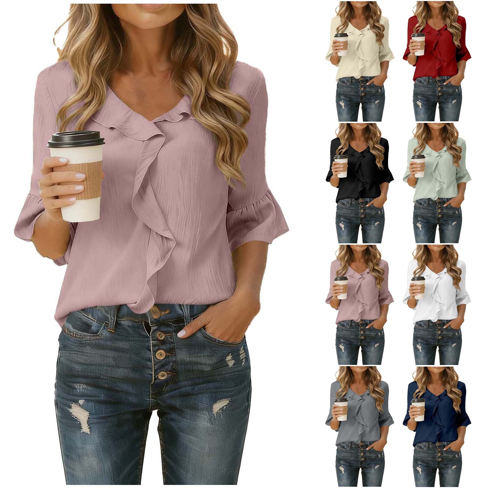 FNFYFH Blouses for Women Dressy Casual 3/4 Bell Sleeve Ruffle Front ...