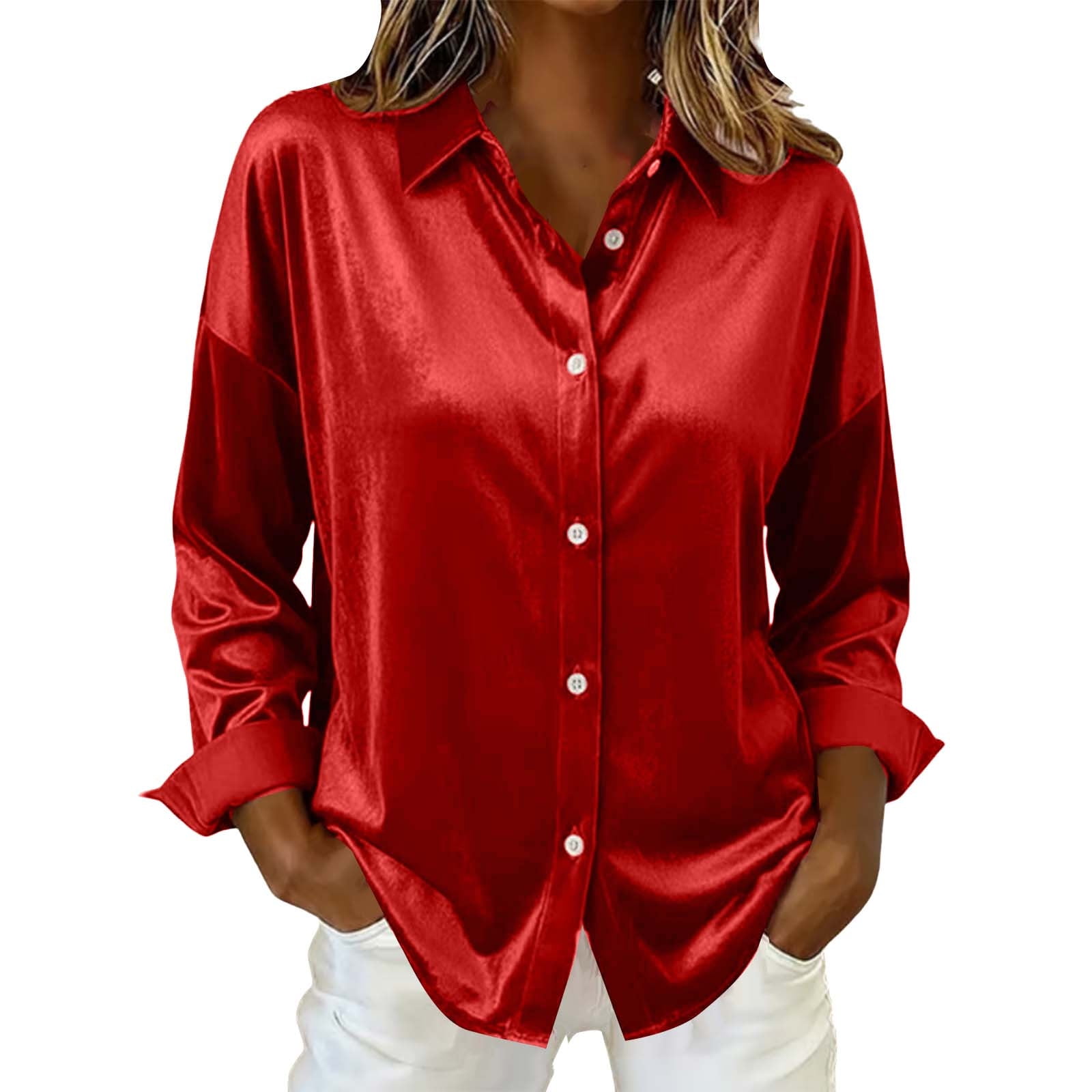 FNFYFH Button Down Shirt for Women Soft Long Sleeve Satin Blouse Silk ...
