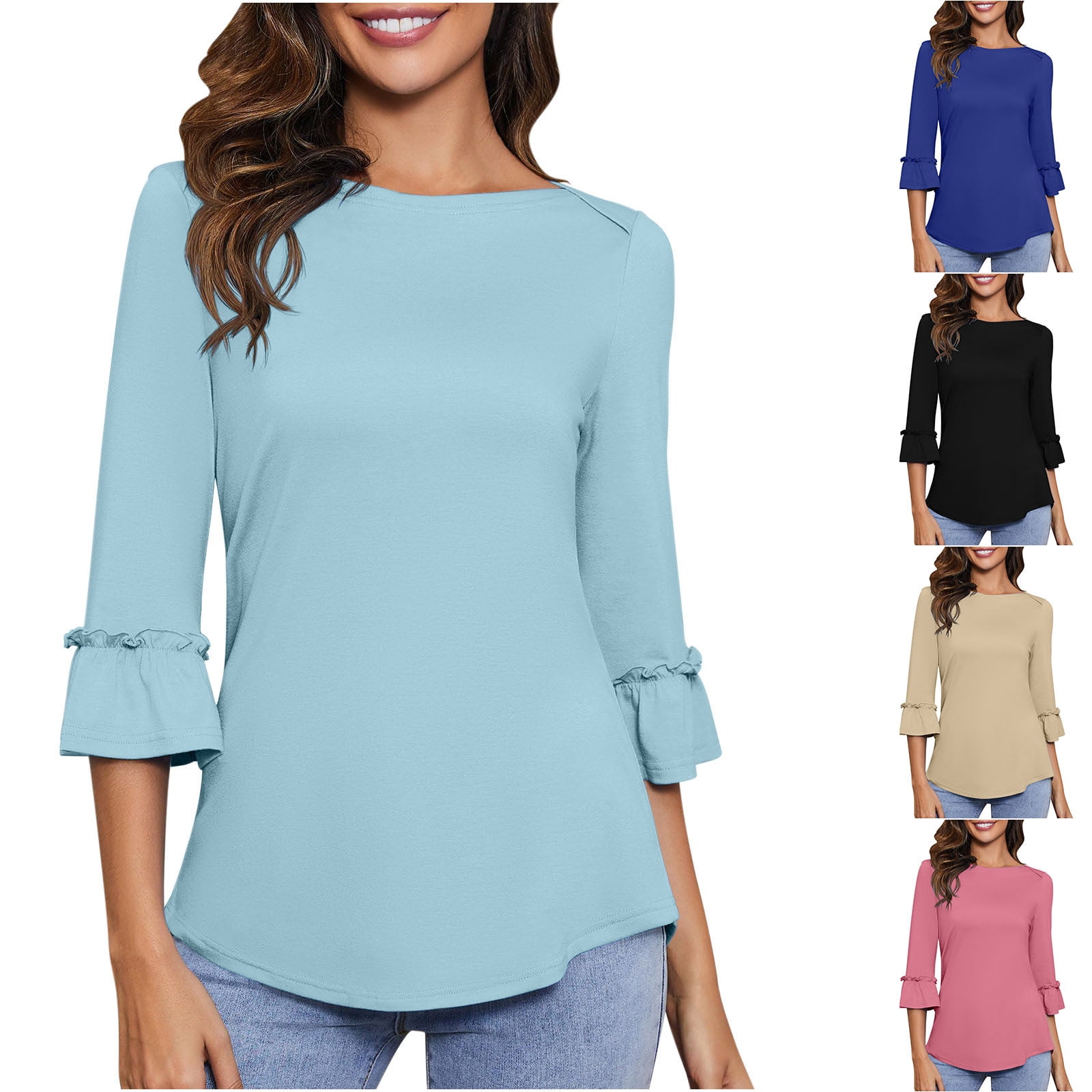 FNFYFH 3/4 Sleeve Tops for Women Bell Sleeves Shirts Summer Crewneck ...