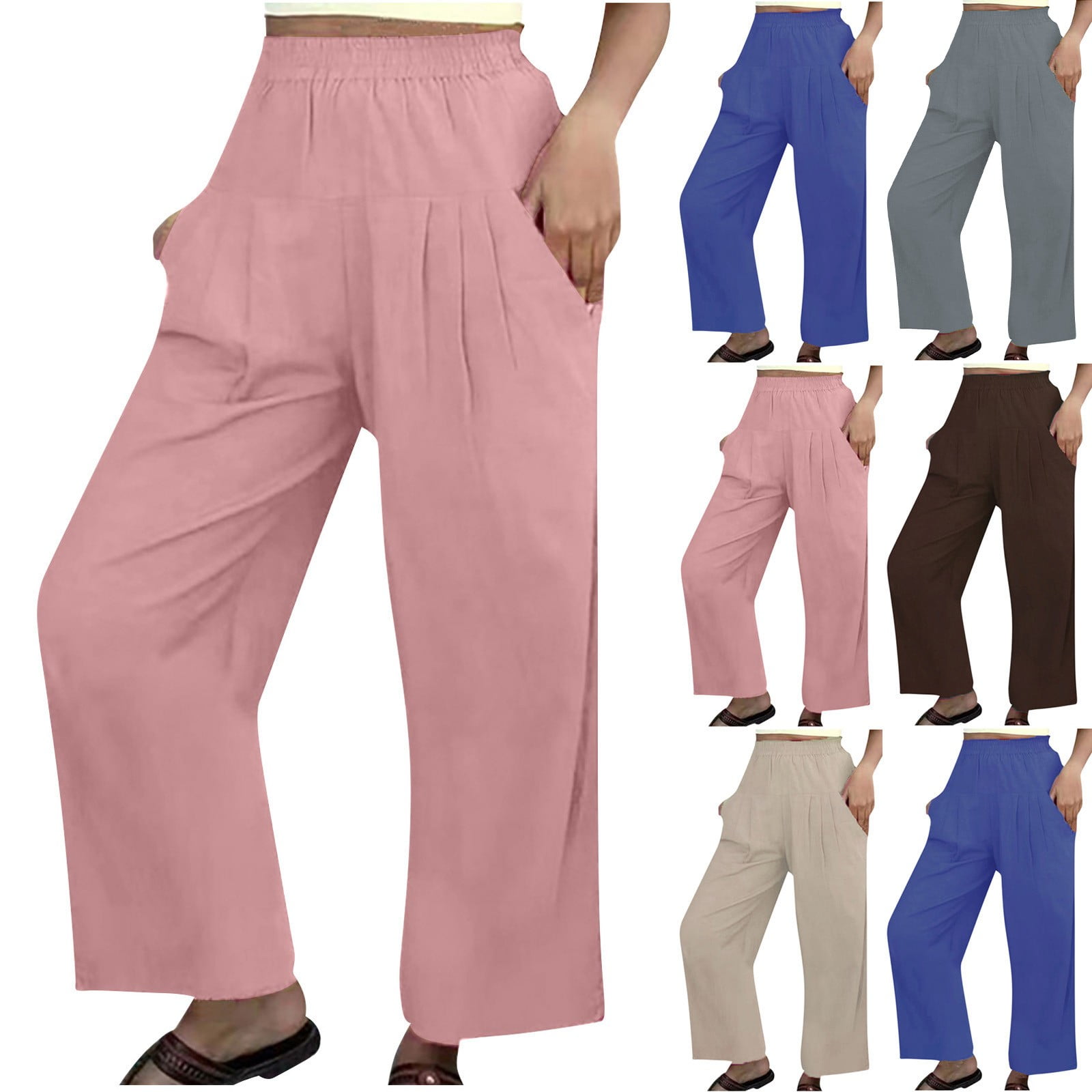 FNFYFH Clearance Cotton Linen Pants for Women Summer Elastic High Waist ...