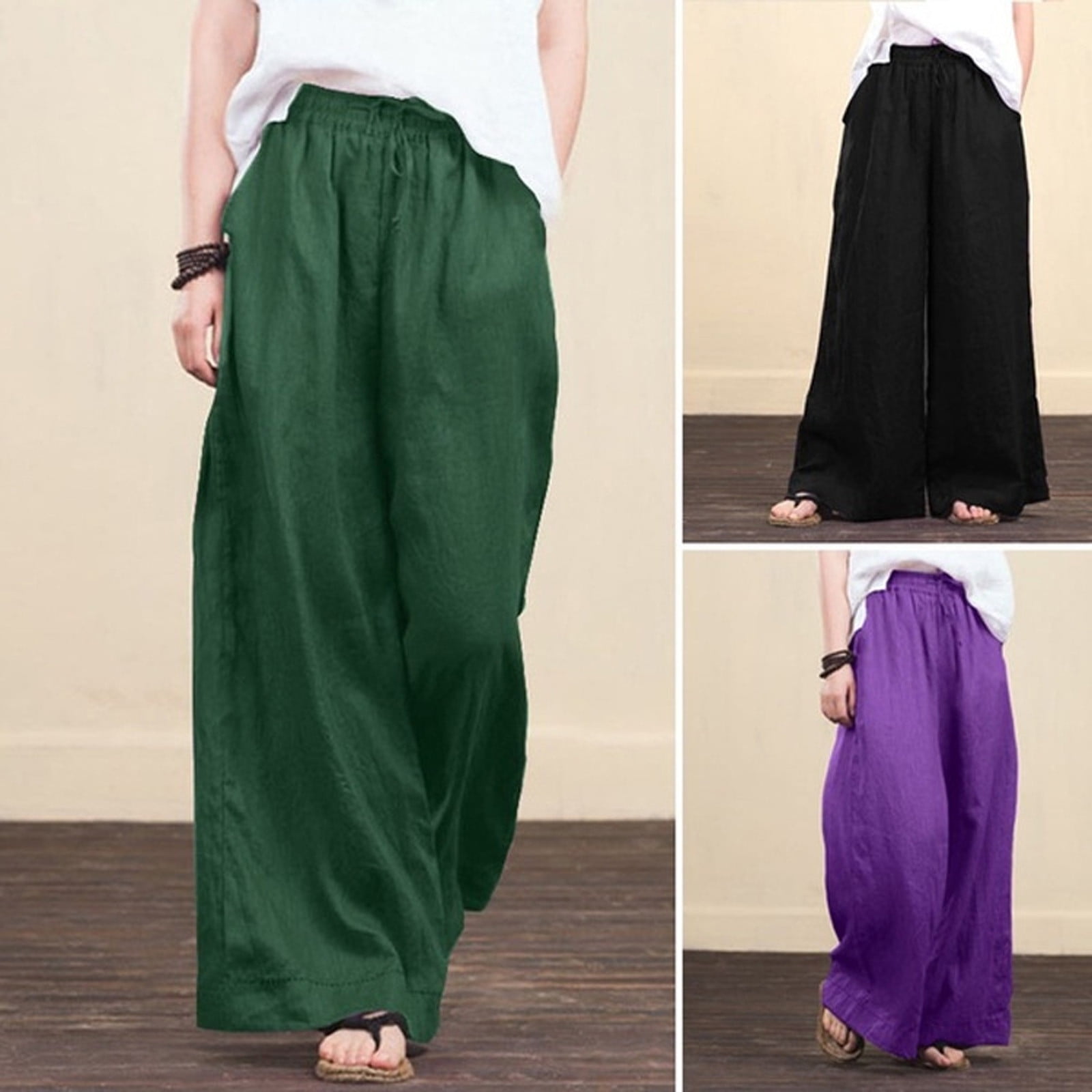 FNFYFH Plus Size Cotton Linen Pants for Women Flowy Wide Leg Pant with ...