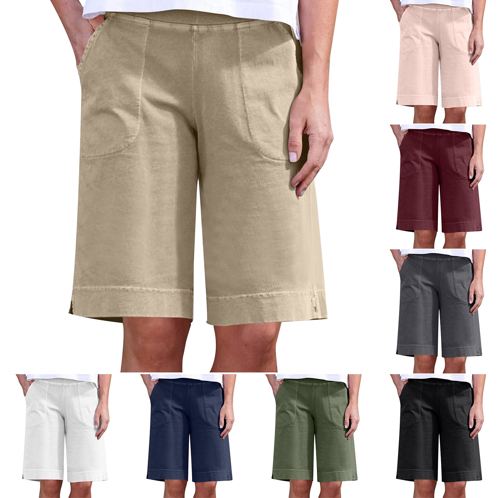 FNFYFH Cotton Linen Shorts for Women Elastic Waist Bermuda Shorts with Pockets 2025 Womens ...