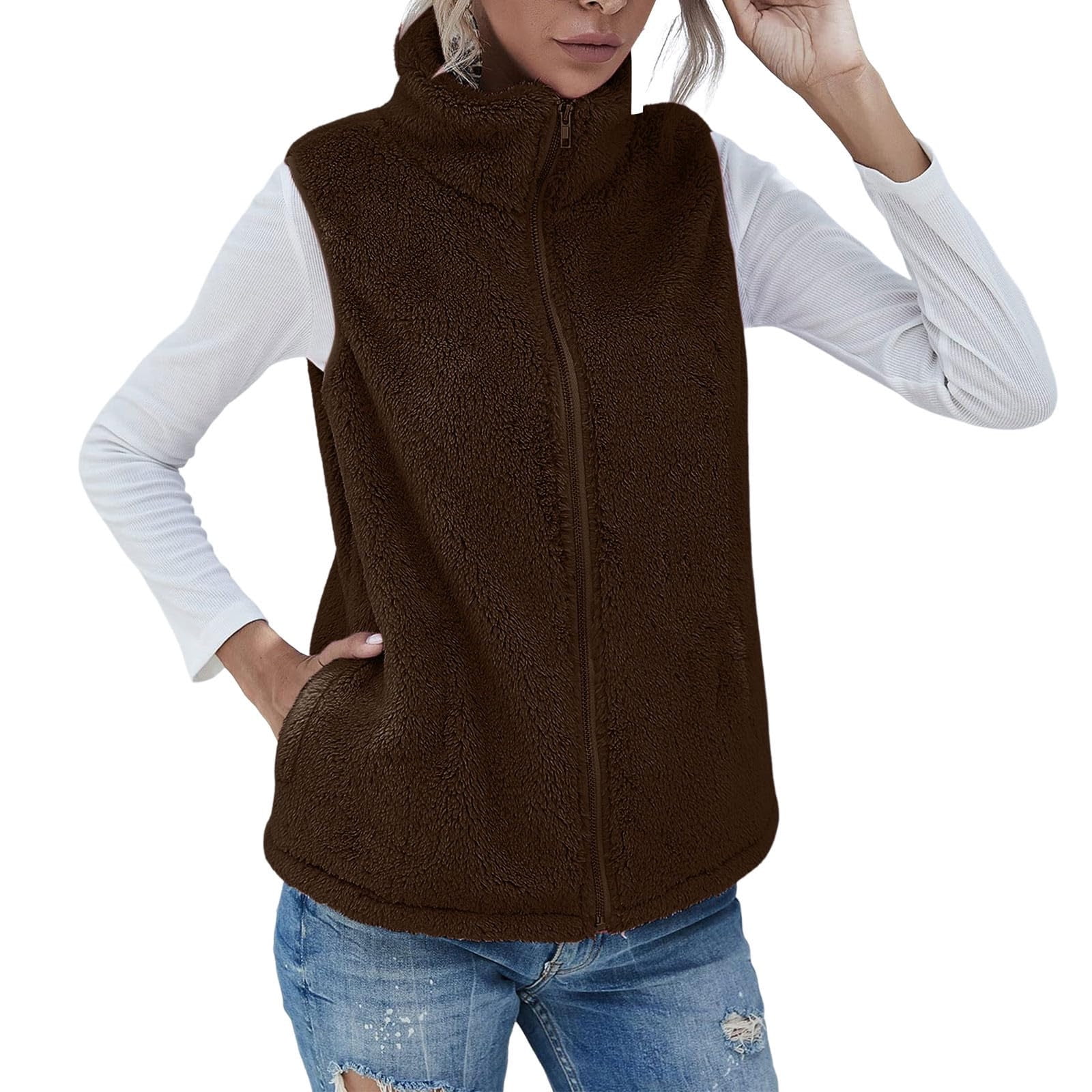 FNFYFH Fleece Vest for Women Fluffy Vest Zipper Sleeveless Coat with ...