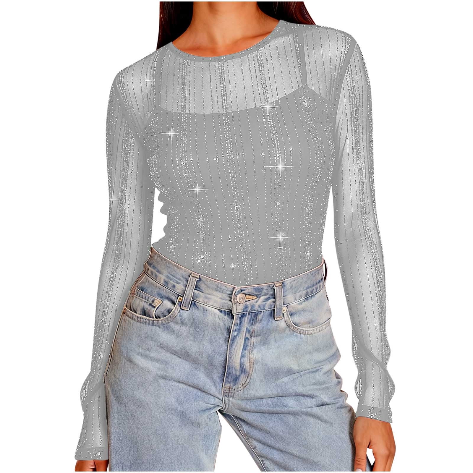 FNFYFH Glitter Sheer Mesh Tops for Women Long Sleeve Sparkly Blouses ...