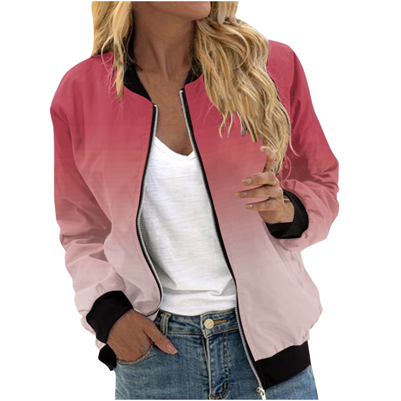 FNFYFH Gradient Jackets for Women Casual Bomber Jacket Fashion Zip Up ...
