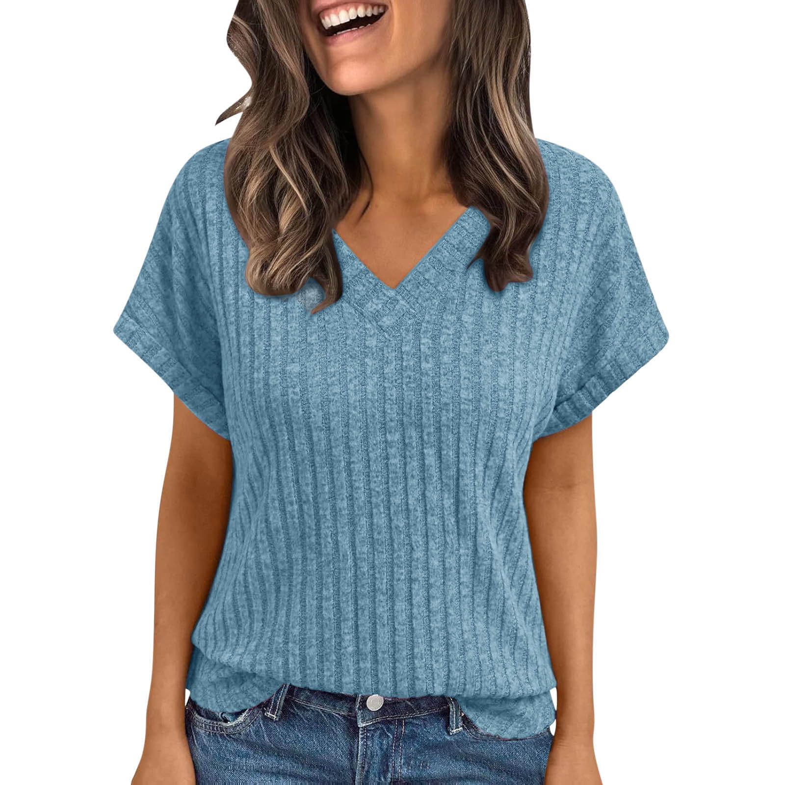 FNFYFH Knit Shirts for Women V Neck Short Sleeve Tops Comfy Solid ...