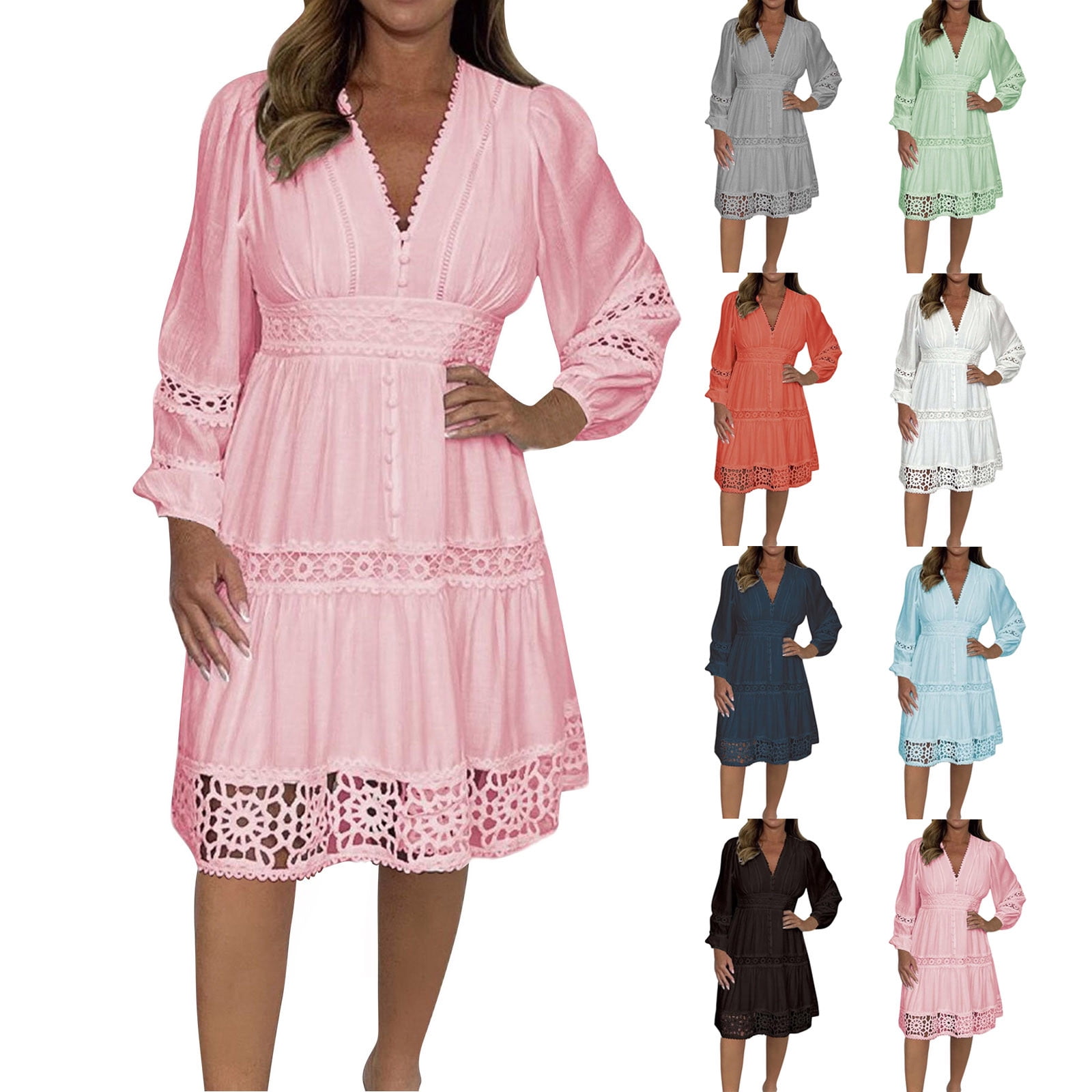 FNFYFH Lace Patchwork Vacation Dresses for Women Plus Size V Neck A ...