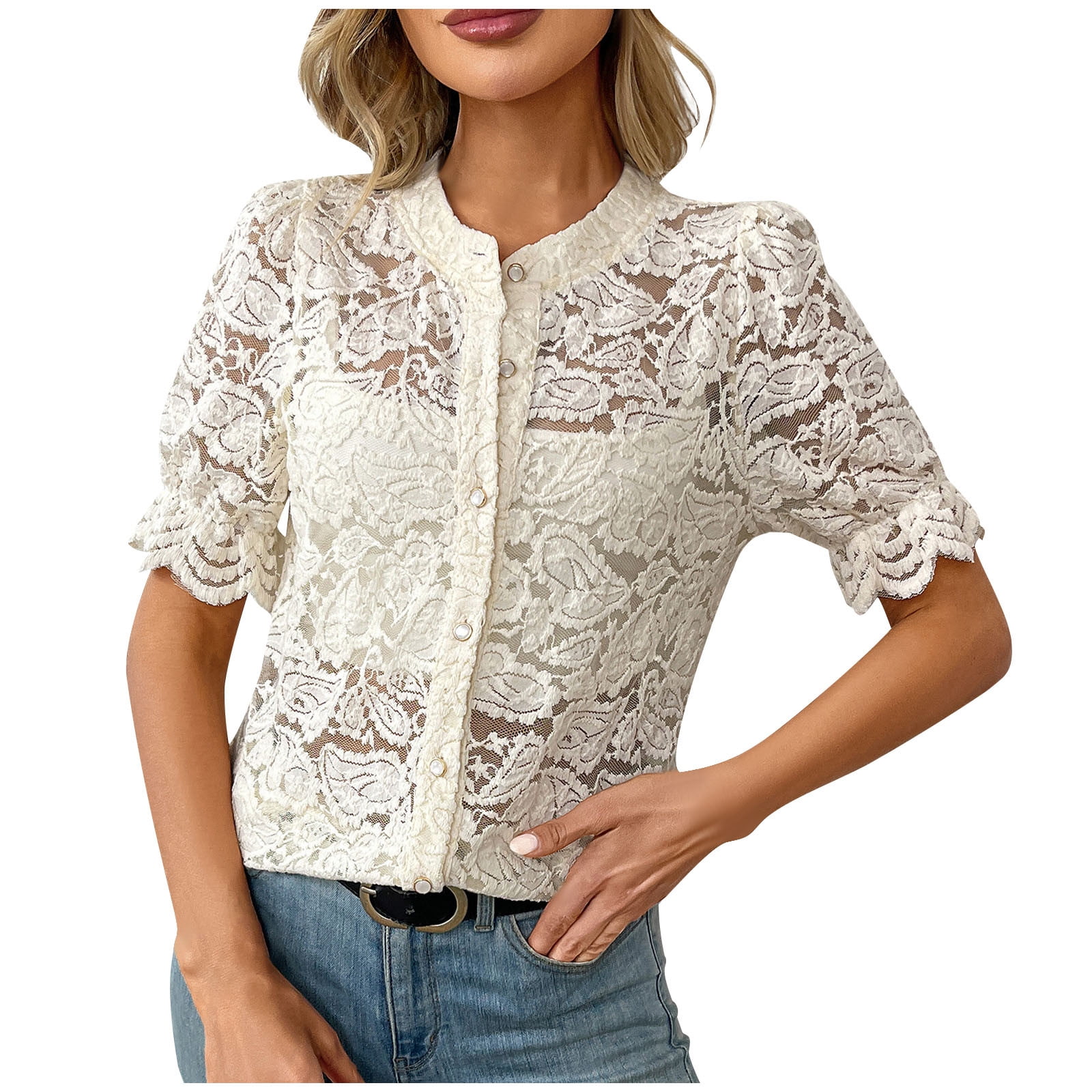 FNFYFH Lace Shirts for Women Button Down V Neck Short Sleeve Tops Solid ...