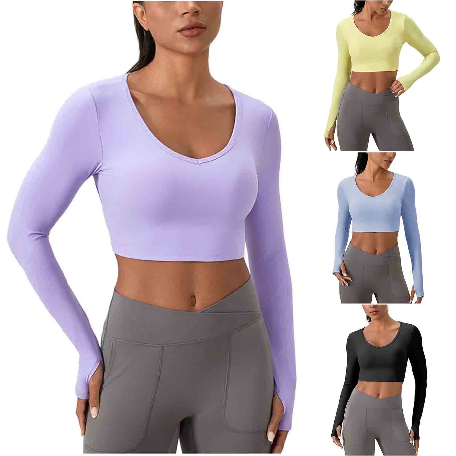 FNFYFH Long Sleeve Crop Workout Tops for Women Slim Fit V Neck Cropped ...