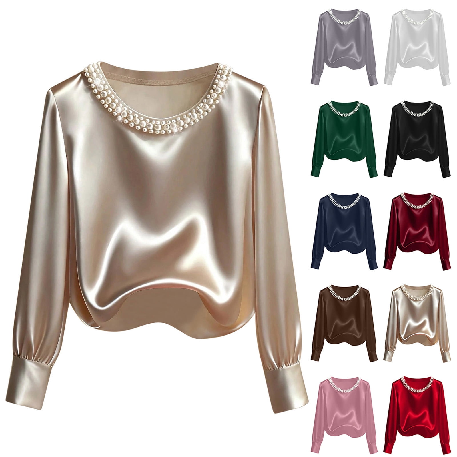 FNFYFH Long Sleeve Satin Tops for Women Elegant Pearl Beaded Crew Neck ...