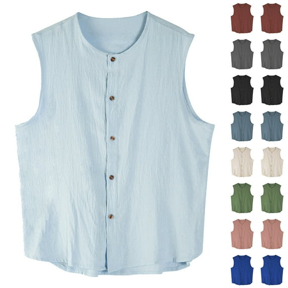 FNFYFH Men's Summer Beach Tank Tops Sleeveless Button Down Linen Shirt ...