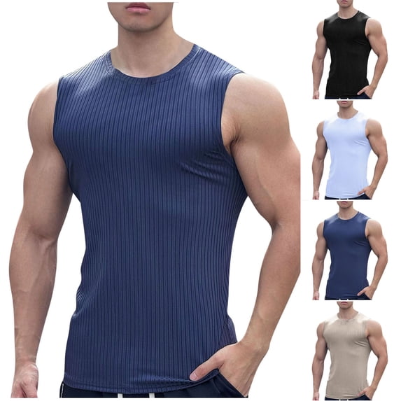 FNFYFH Men's Workout Tank Top Ribbed Knit Sleeveless Gym Muscle Shirts ...