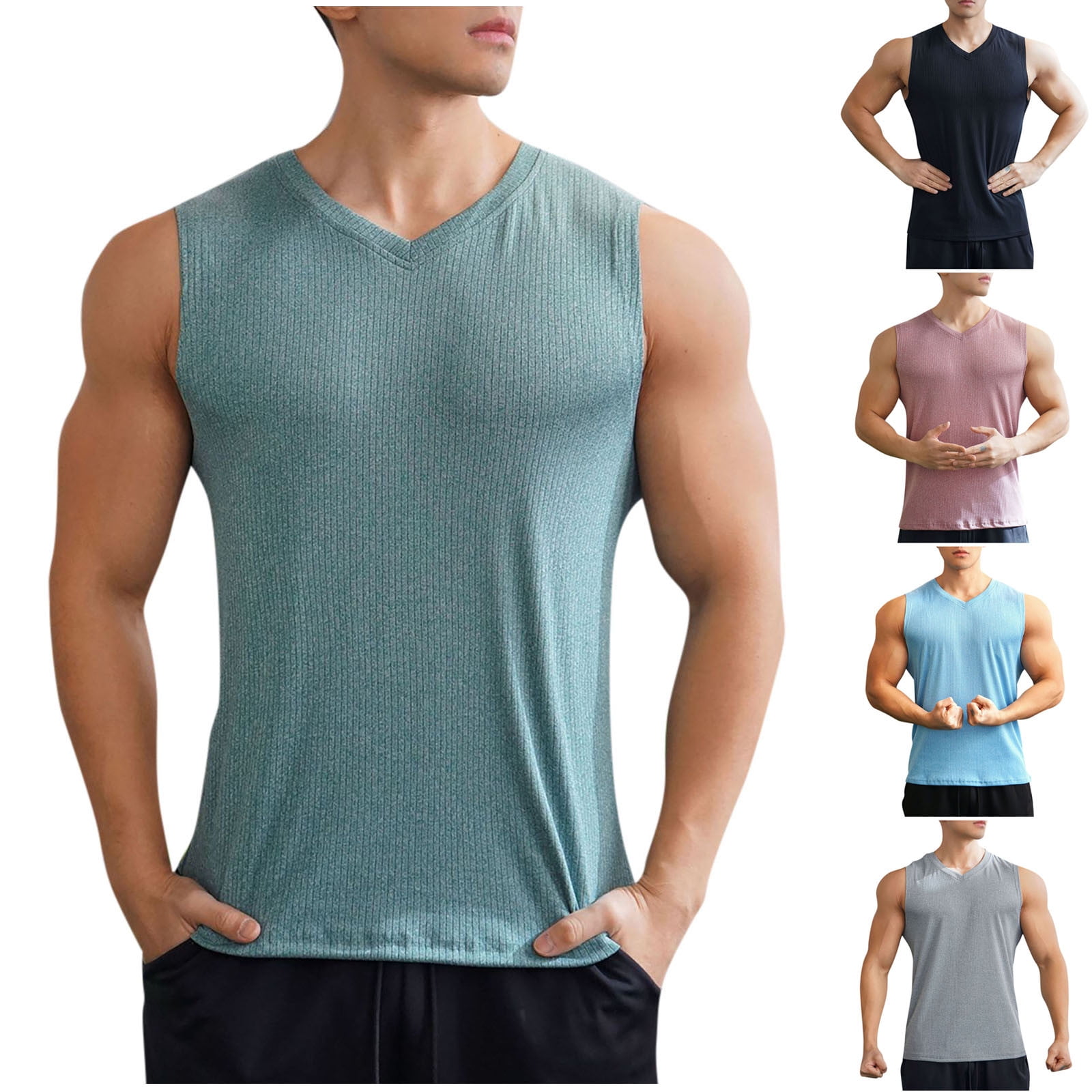 FNFYFH Men's Workout Tank Tops Gym Sleeveless Ribbed Shirts V Neck ...