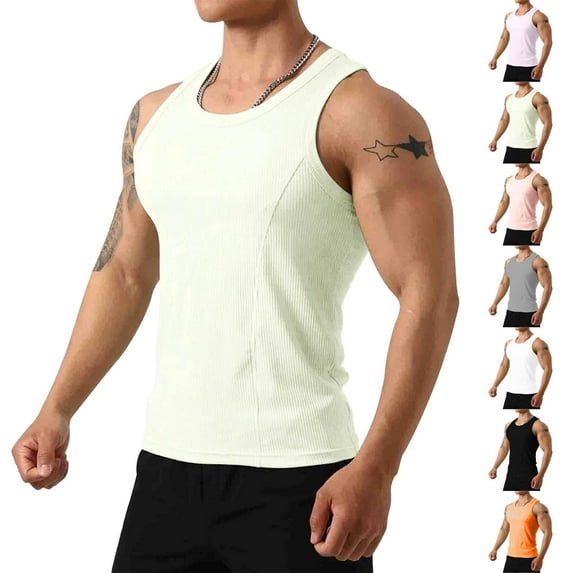 FNFYFH Men's Workout Tank Tops Ribbed Gym Sleeveless Muscle Shirt ...