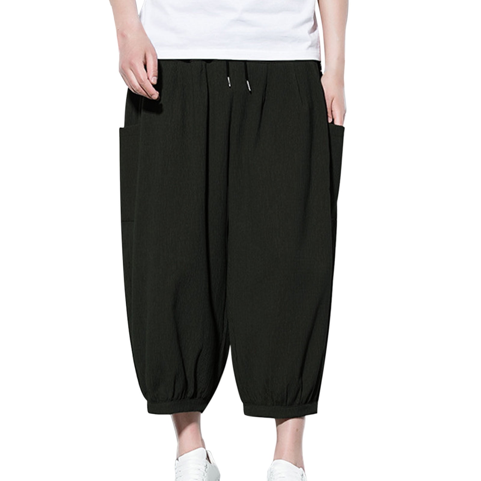 FNFYFH Mens Big and Tall Capri Linen Pants Wide Leg Baggy Harem Pants ...