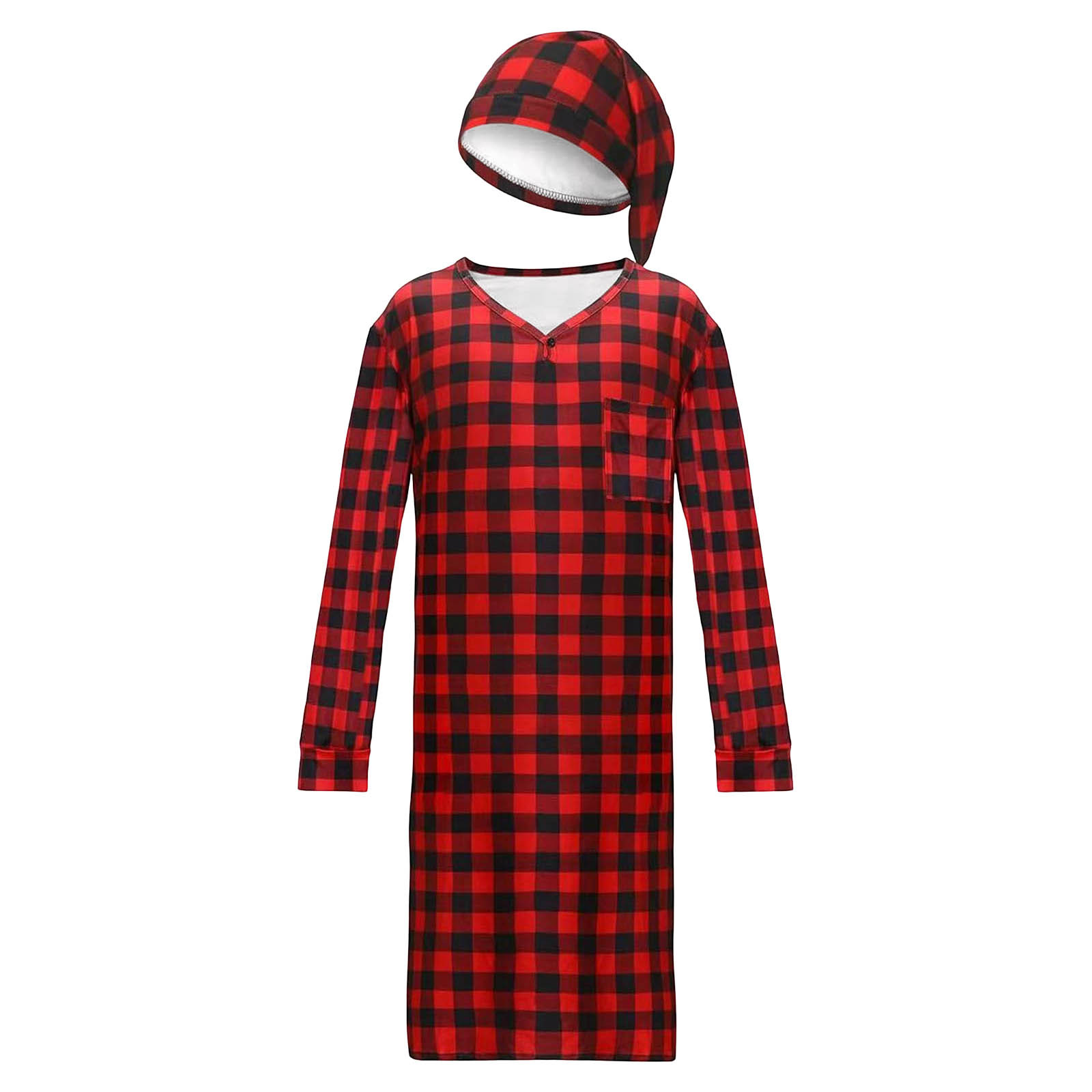 FNFYFH Mens Nightgown and Hat Set V Neck Classic Plaid Sleep Shirt Long ...