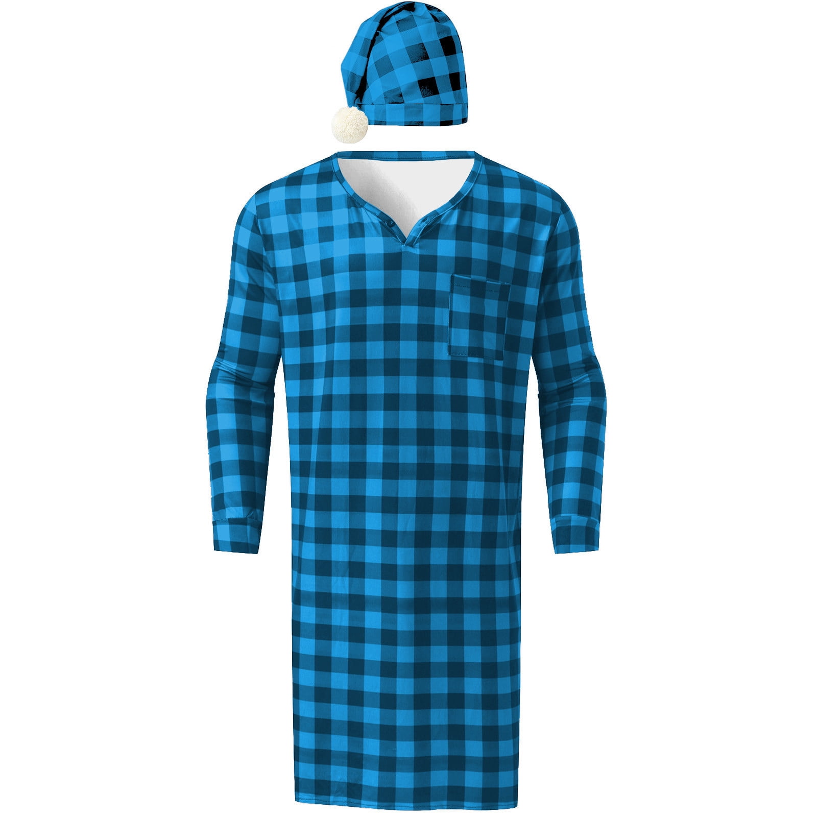 FNFYFH Mens Nightgown and Hat Set V Neck Classic Plaid Sleep Shirt Long ...