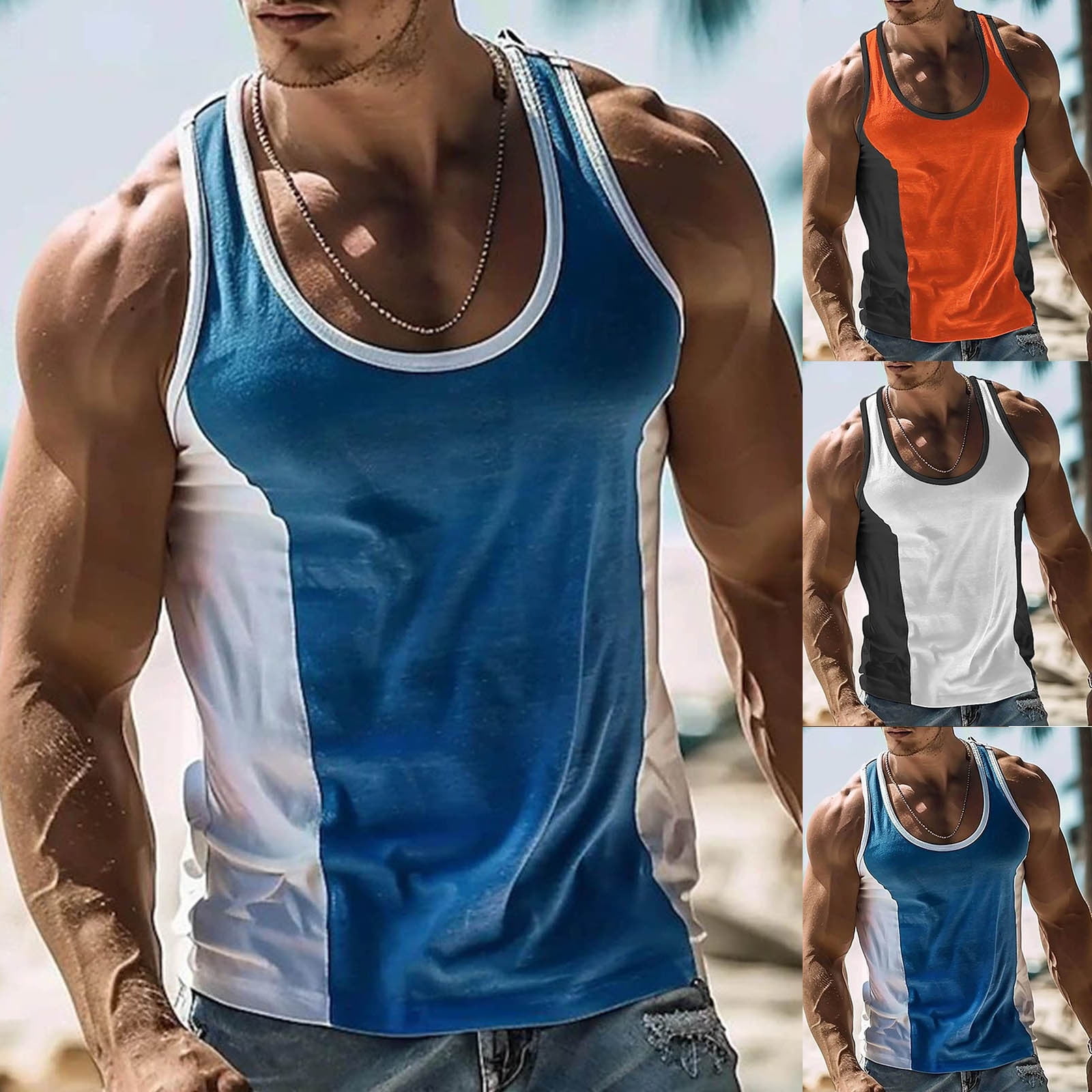 FNFYFH Mens Tank Top Sleeveless Color Block Athletic Workout Shirt Gym ...